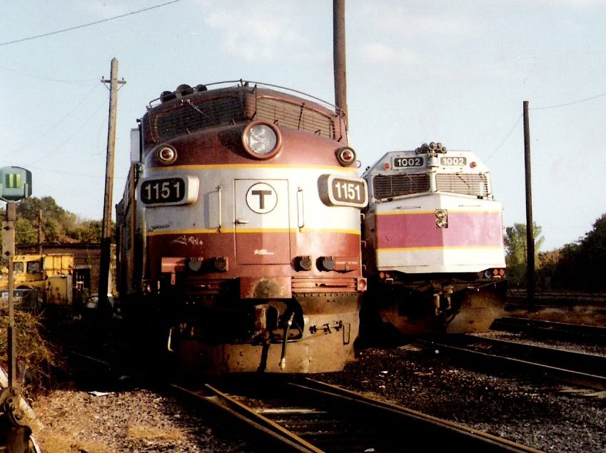 An MBTA FP10 and F40PH-2C parked at Fitchburg in 1990: The NERAIL New England Railroad Photo Archive