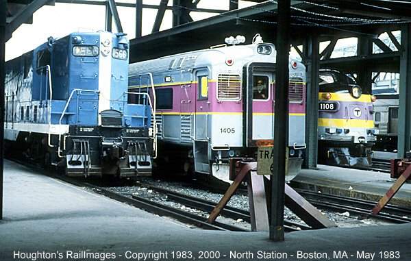 Boston & Maine GP7 #1566, MBTA #1405 and F3 #1108 at North Station in ...