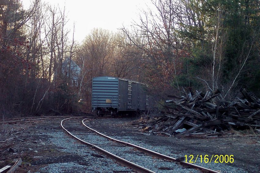 A string of Bay Colony box cars at the west end of the Millis Yard ...